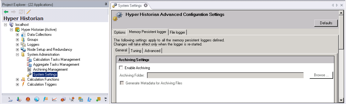 Archive Settings for Hyper Historian
